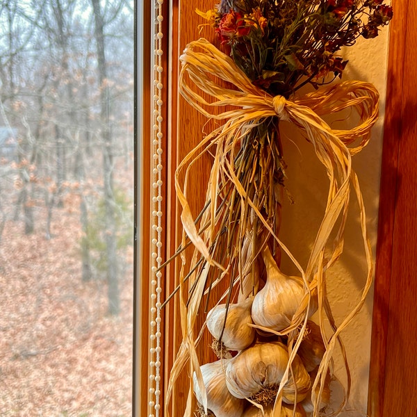 Organic Garlic Braid Decorated With Herbs and Flowers. Home Blessing ...