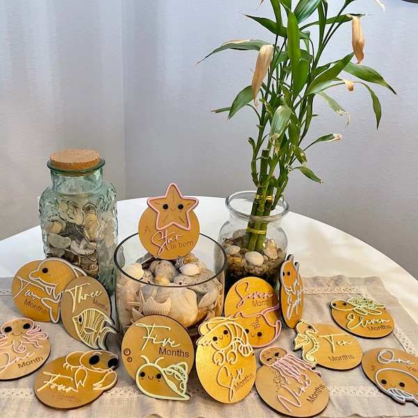 Ocean Theme Monthly Milestone Baby Photo Props | Custom Engraved Birth ...