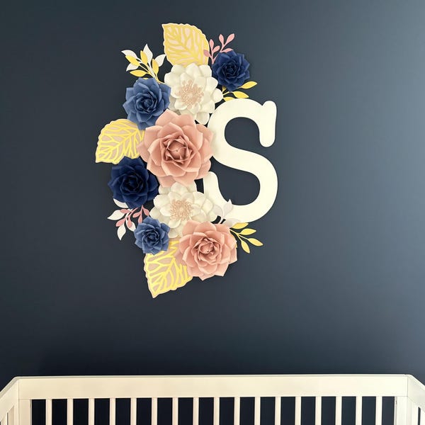 Pink Navy Blue White Large Paper Flowers Wall Decor - 8 Piece Set ...