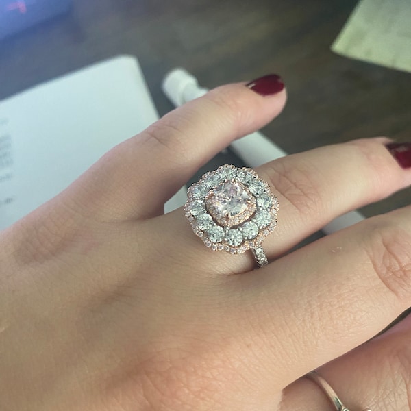 7 Total Carat Fancy PINK Diamond Simulant Halo Ring, Vintage ART DECO ...
