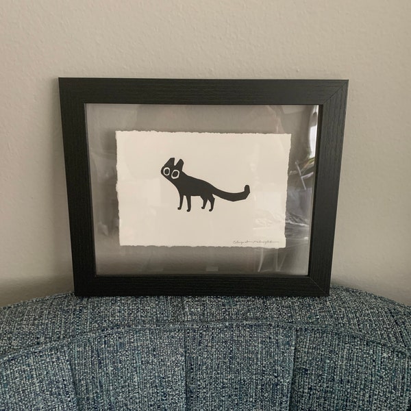 Little Black Cat Linocut - Printmaking - 7x5 Animal Art - Deckle Edge ...