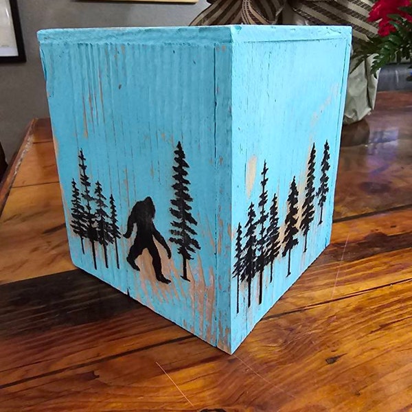 Bigfoot Tissue Box Cover. Rustic Sasquatch Engraved Barn Wood Tissue ...