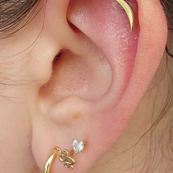 14k Solid Gold Curved Bar Stud Earring Moon Cartilage Earring Tragus ...