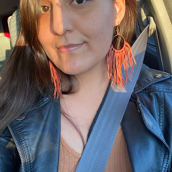 Rust Color Leather Fringe Earrings, Handmade Wire Hoops, Leather ...