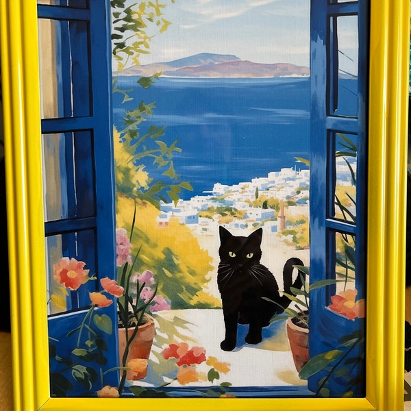 Black Cat Watercolor Print, Greece Travel Wall Art, Romantic ...