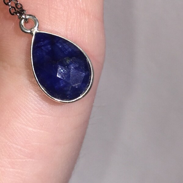 Teardrop Sapphire Necklace, Genuine Raw Dark Blue Sapphire Teardrop ...