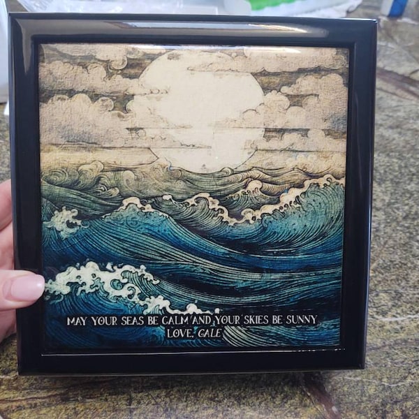 Ocean Waves Wood and Ceramic Tile Box, Personalized Jewelry Box for Man ...