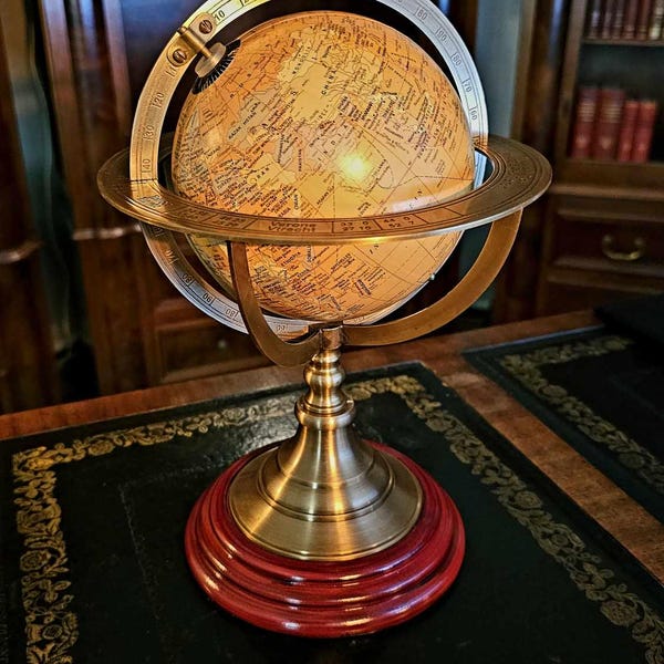 11" Antique Brass World Map Globe Nautical Desk Décor Astrolabe ...