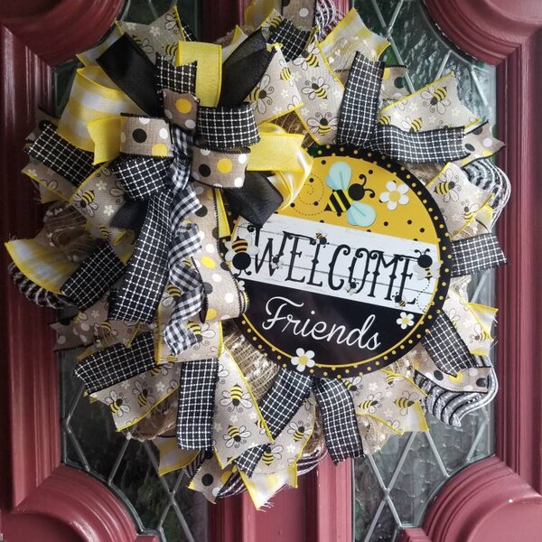 Bumble Bee Welcome Sign - Round Spring Summer Sign for Wreaths - Bee ...