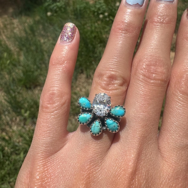 Genuine Turquoise Ring - 925 Sterling Silver Ring - Large Oval ...