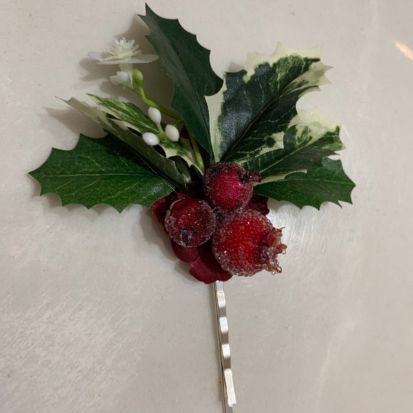 Holly Hair Pin,holly Leaves and Berries,variegated Holly Leaves,sugared ...