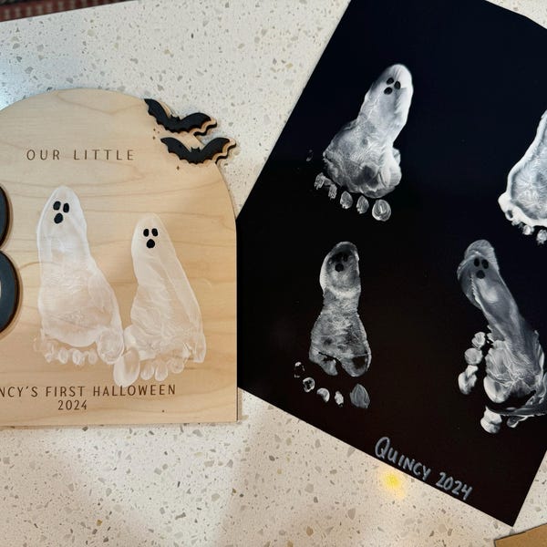 DIY Footprint Art, Baby's First Halloween, My Little Boo Sign, Wooden ...