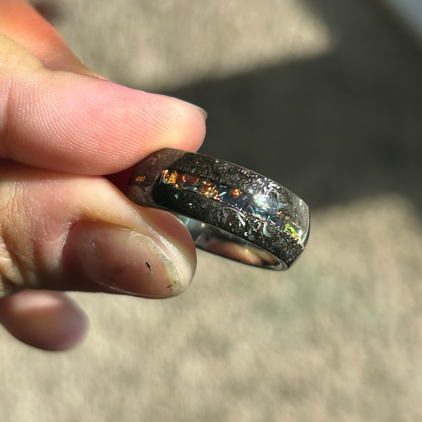 Muonionalusta Meteorite Shavings Tungsten Ring With Dichrolam Galaxy ...