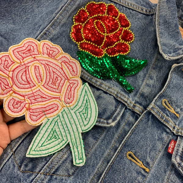 Set of 2 Mexican Red Rose Sequin Patch, Flower Sequin Applique, Rose ...