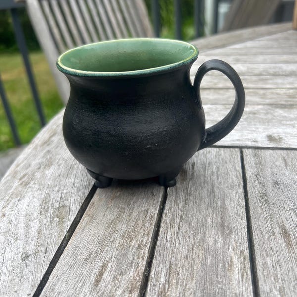 Set of 2 Cauldron Mugs - Satin Black With Green Glaze Interior - Etsy