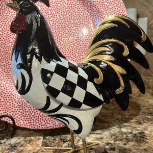 Hand Painted Rooster Whimsical Black and White Check Gold - Etsy