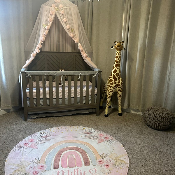 Boho Rainbow Round Rug, Personalized Floral Nursery Carpet, Spring Home ...