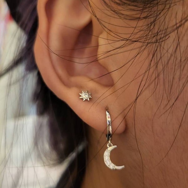 Set of 3 Mismatched Celestial Hoop Earrings • Moon & Star Hoops • Gold Sun Hoop Earrings • Gold ...