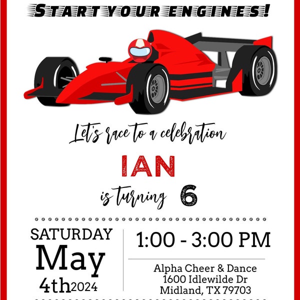 Red Race Car Birthday Party Invitation + Favor Tag Digital Template ...