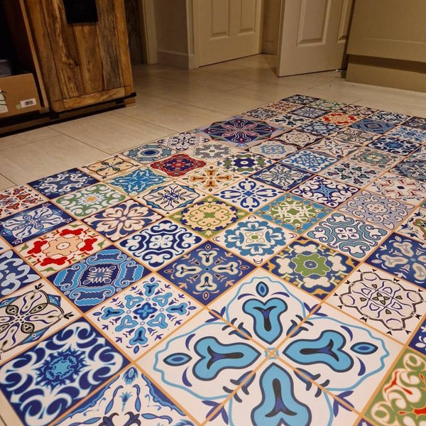 Lisbon of Colorful Ornamental Tiles Vinyl Mat, Blue Vinyl Floor Mat ...