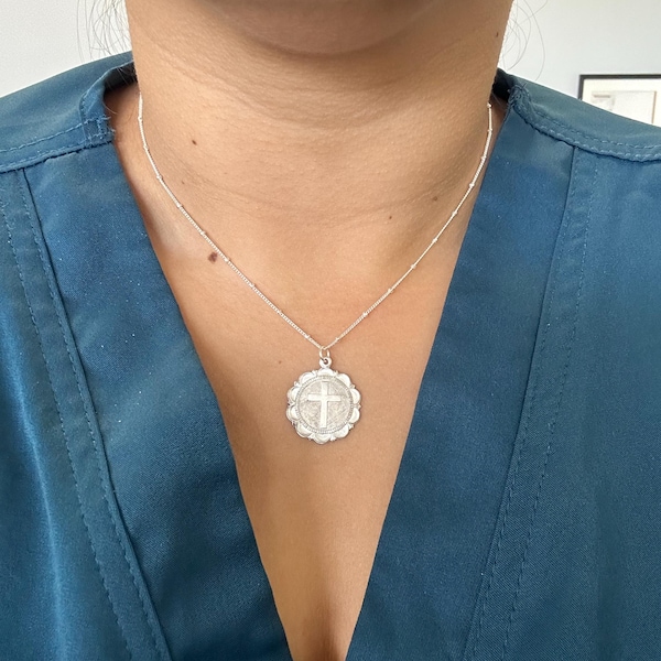 Cross Medallion Necklace, Large Coin Cross Necklace, Round Cross ...