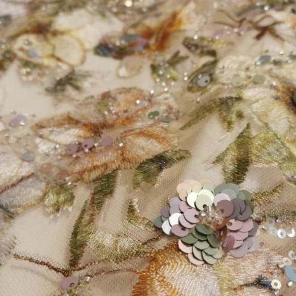 Stunning Multi-colors Heavily Sequined Embroidery Lace Fabric, Blossom ...