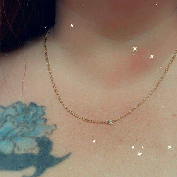 Solitaire Diamond Chain Necklace, 14k Cuban Chain Choker, Single Bezel ...