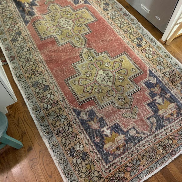 2x5 Vintage Green Blue Runner Rug, 2x5 Turkish Runner Rug, Living Room ...