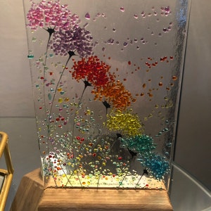 Whimsical Bright Rainbow Flowers Fused Glass Art Picture Sun Catcher & Wooden Display Stand - Etsy