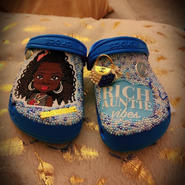 New, 1-pc "rich Auntie Vibes", Light Blue, Black Border, Iron-on ...