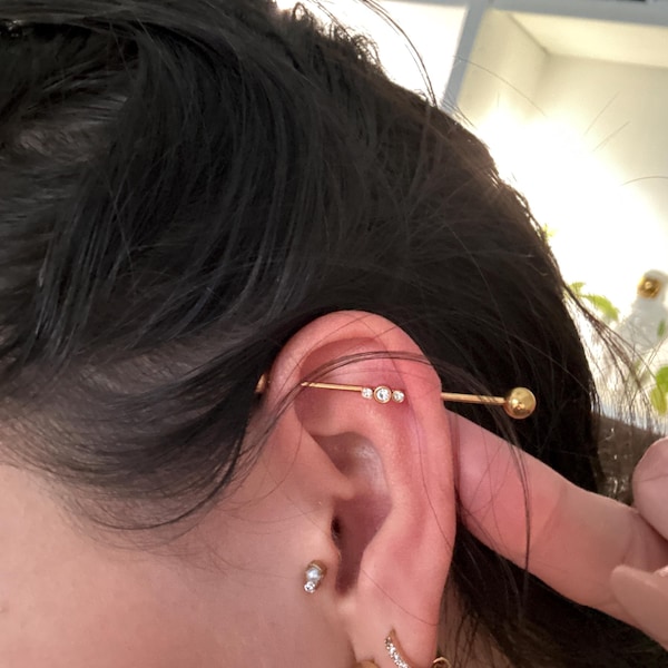 Dainty Industrial Barbell and CZ Chain for Piercing, Gold Sterling ...