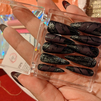 Black Stars Press on Nails, Black Coffin Nails, Custom Fake Nails, Handpainted False Nails ...