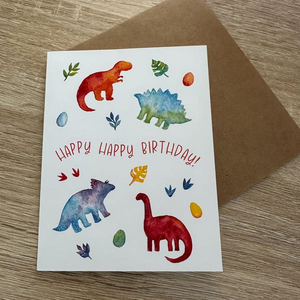 Dinosaur Happy Birthday Card | Colorful Kids Birthday Card | Watercolor ...