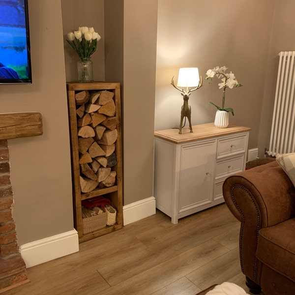 Rustic Wooden Pine Indoor Log Store – Chunky Firewood Rack, Dark Oak ...