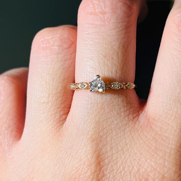 Dainty 14k Gold Heart Promise Ring for Her, Art Deco Style Minimalist ...