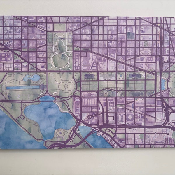 DC Watercolor Map Canvas National Mall, Washington, DC | Watercolor DC ...