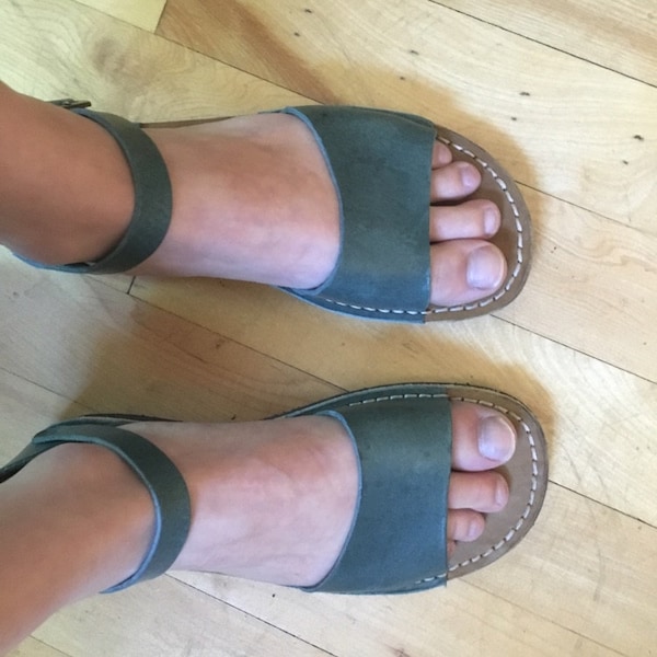 Blue Leather Sandals, Flat Leather Sandals, Sustainable Women Sandals ...