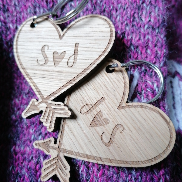 2x Wooden Heart Keychains, Couples Initial Keyring Set, Personalised ...
