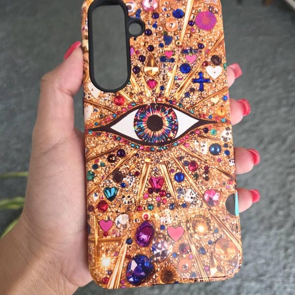 Bling Glam Mosaic Phone Case, Collage Phone Case Gold Purple Gems ...