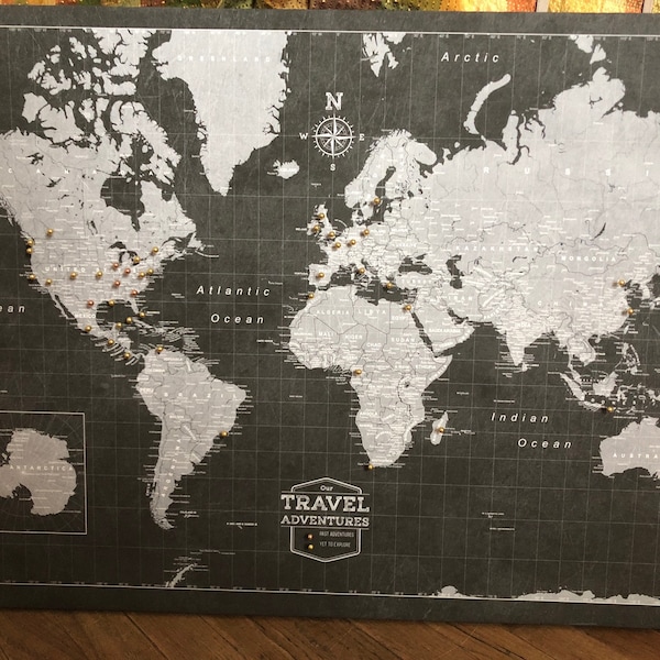 Push Pin World Map - Modern Personalized Cork Canvas Gift (modern Slate ...