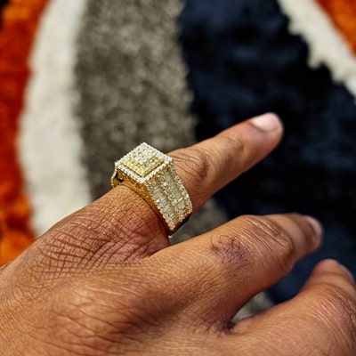 Mens Iced Out Cross Ring Christian Cross Ring 14K Solid Yellow Gold ...