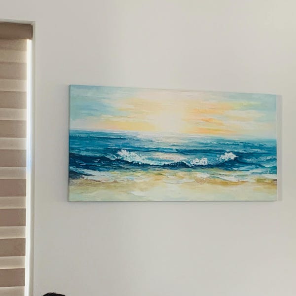 Ocean Sunset Textured Oil Painting, Coastal Wall Art, Hand-painted ...