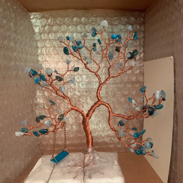 Aquamarine & Apatite Stone Tree With Swing, 19th Anniversary Gift for ...