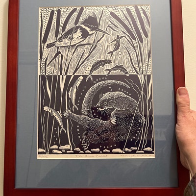 The River Ballet Linocut in Blue,otter Linocut,kingfisher Linocut ...