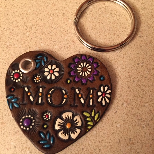 MOM Leather Heart Key Fob - Floral Pattern Keychain - Mother's Day ...