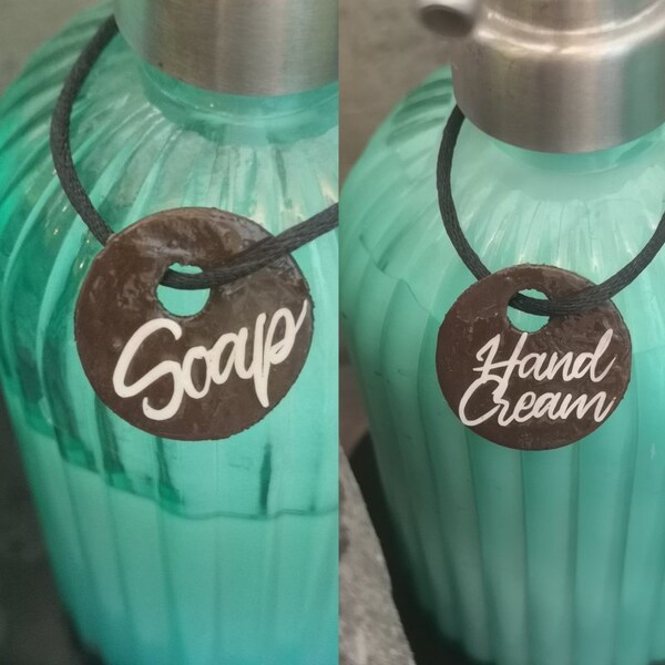 Soap & Hand Cream Dispenser Tags - Wooden Bathroom Decor - Etsy
