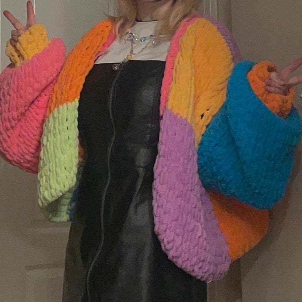 Handknit Bright Orange, Yellow, Hot Pink, and Pink Colorblock Chunky ...