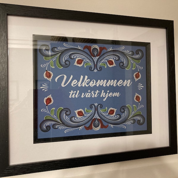 Norwegian Welcome Sign Art Print | Velkommen | Rosemaling | Folk Art ...