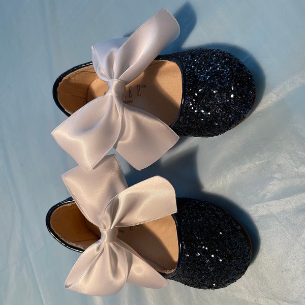 NAVY BLUE Rock Glitter Mary-jane With Satin Bow - Flower Girls Shoes ...