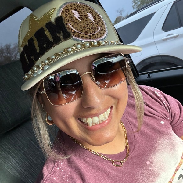 Women's Tan Trucker Hat With Hat Chains, Leopard Smiley Face, Mama ...